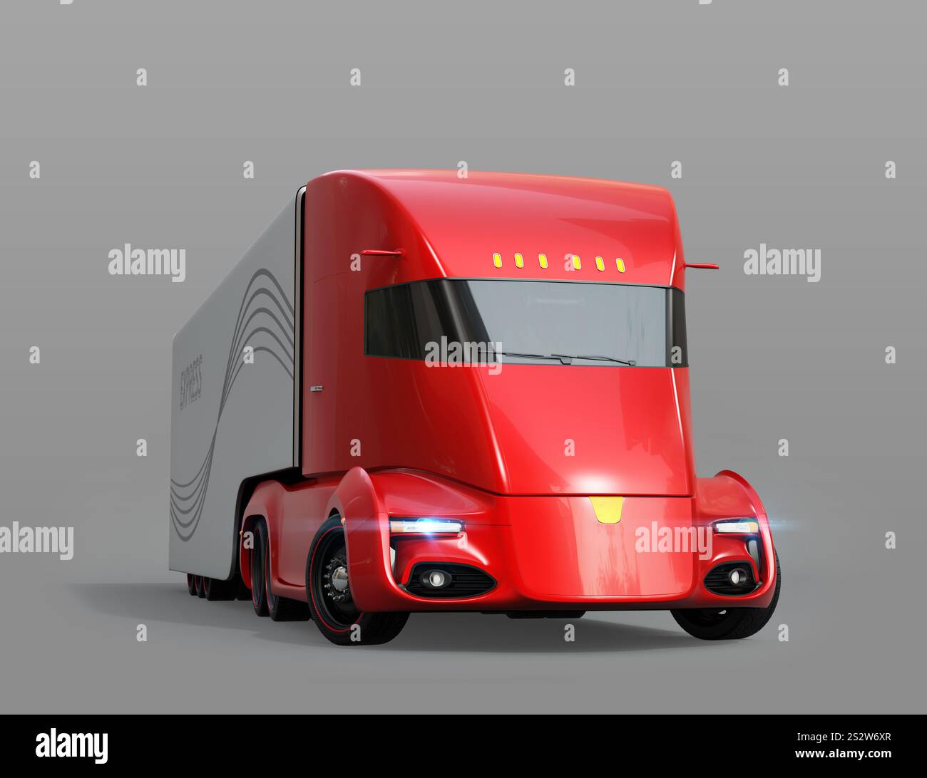 Automated electric semi-truck in metallic red on grey background Stock ...