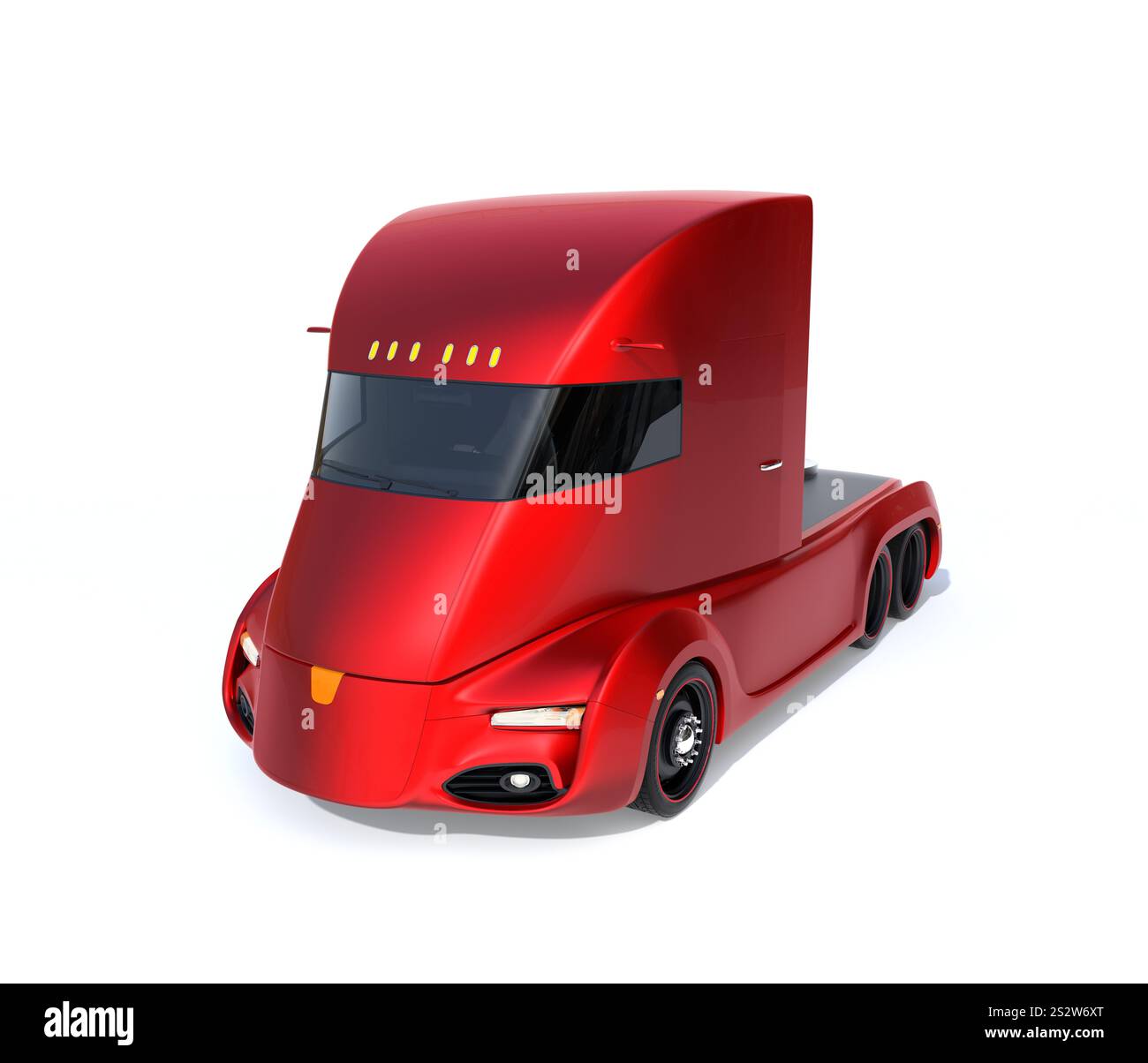 Automated electric semi-truck in metallic red with white background ...