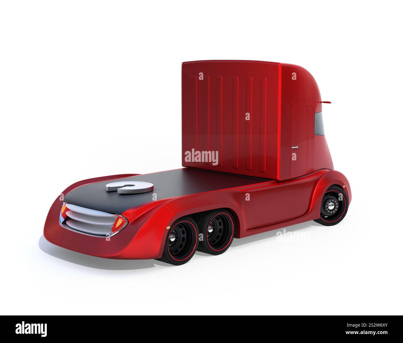 Automated electric semi-truck in metallic red with white background ...