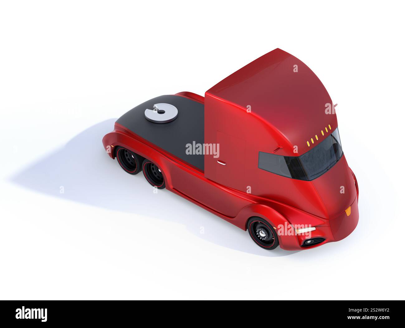 Automated electric semi-truck in metallic red with white background ...