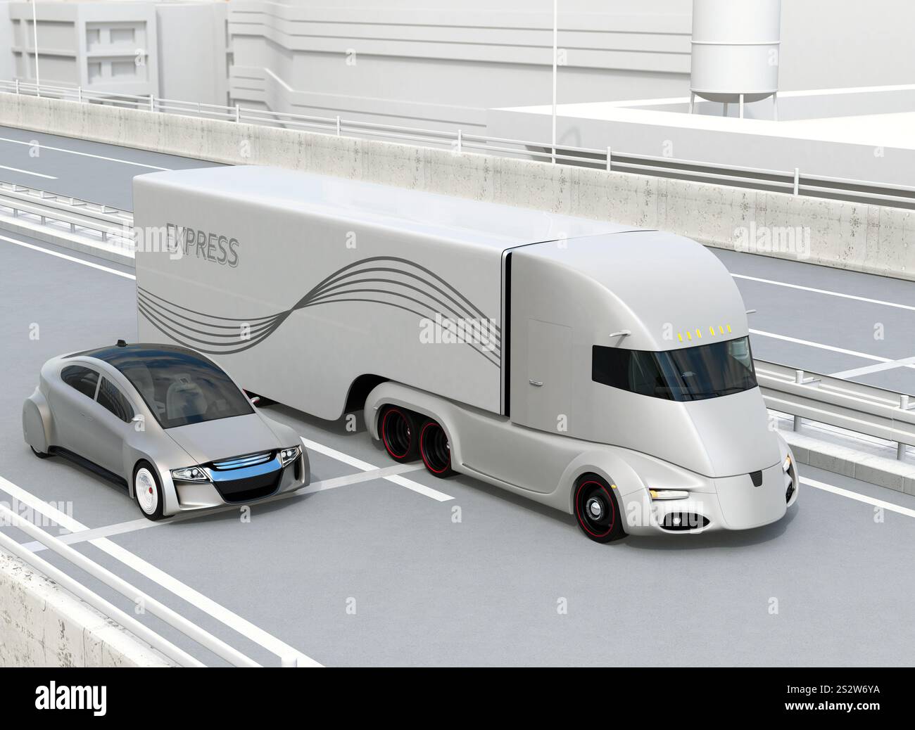 Image of an automated electric truck and passenger car travelling on a ...
