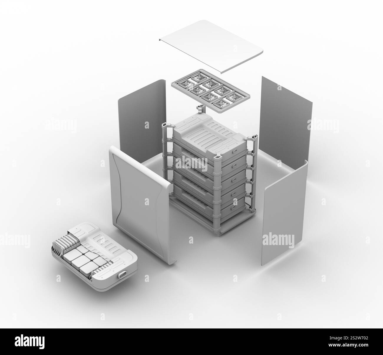 Clay shaded image of exploded three-dimensional view of EV used battery ...