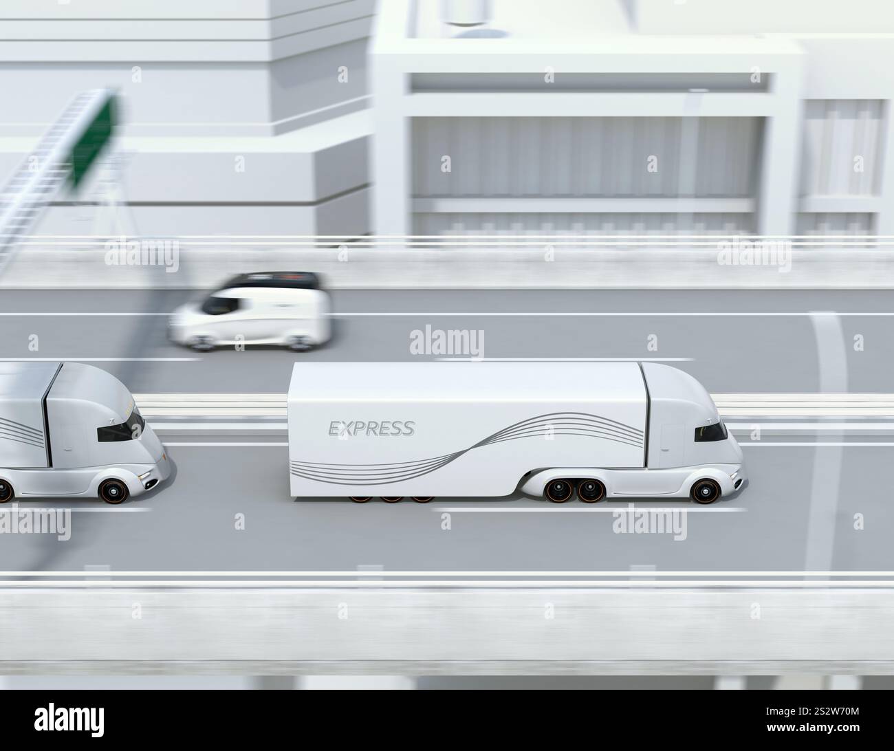 Image of an automated electric truck minivan travelling abreast on a ...