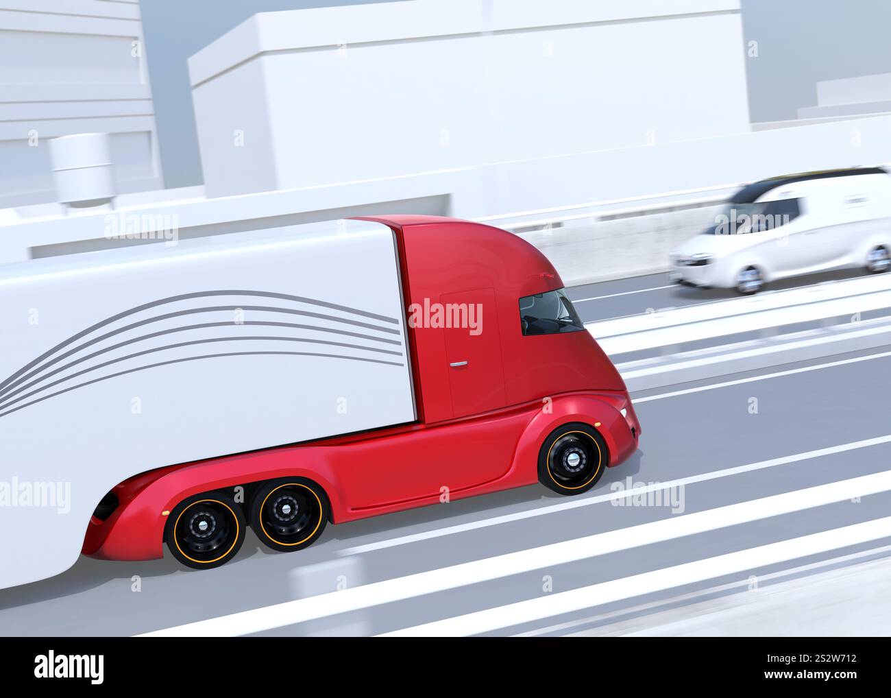 Red automated electric truck minivan travelling in a parade on a ...