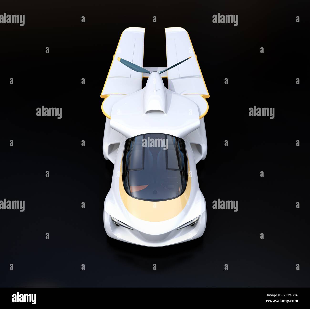 Concept image of a flying car (flying car) with wings stored in a black ...