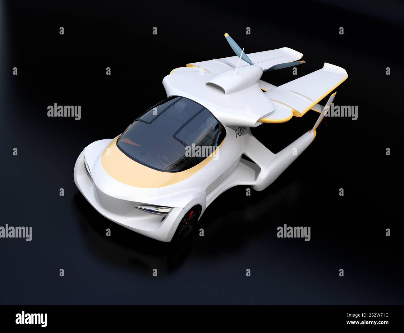 Concept image of a flying car (flying car) with wings stored in a black ...