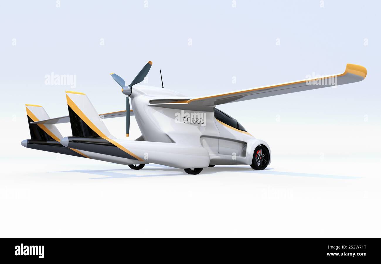 Concept image of a flying car with its main wings deployed on a white ...