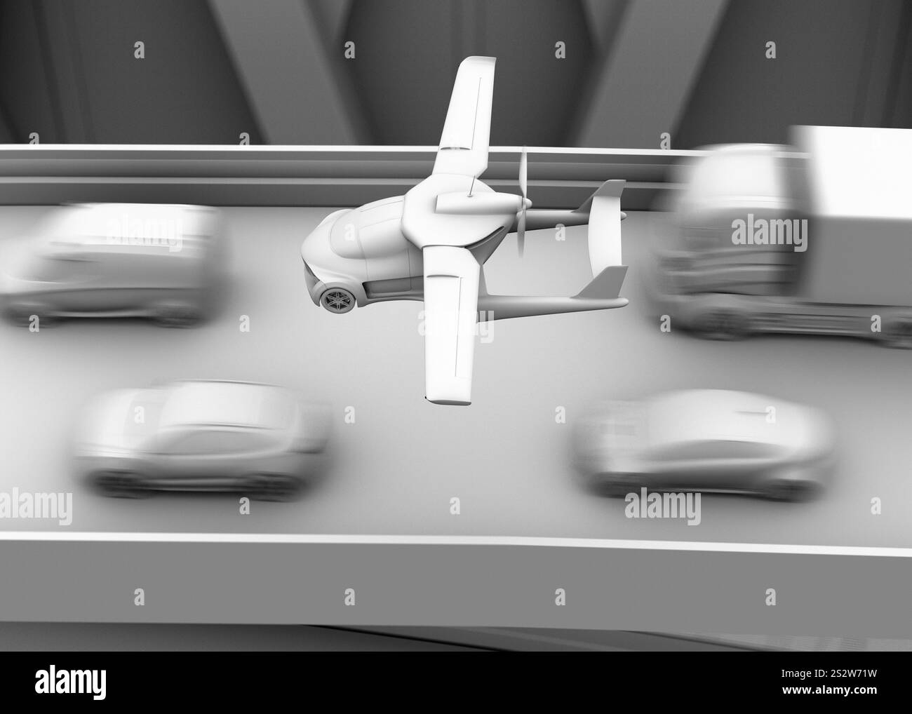Clay rendered image of a flying car passing over a convoy of cars on a ...