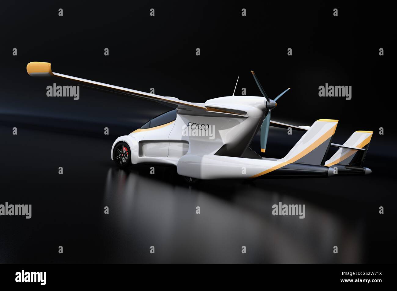 Concept image of a flying car (flying car) with main wings deployed on ...
