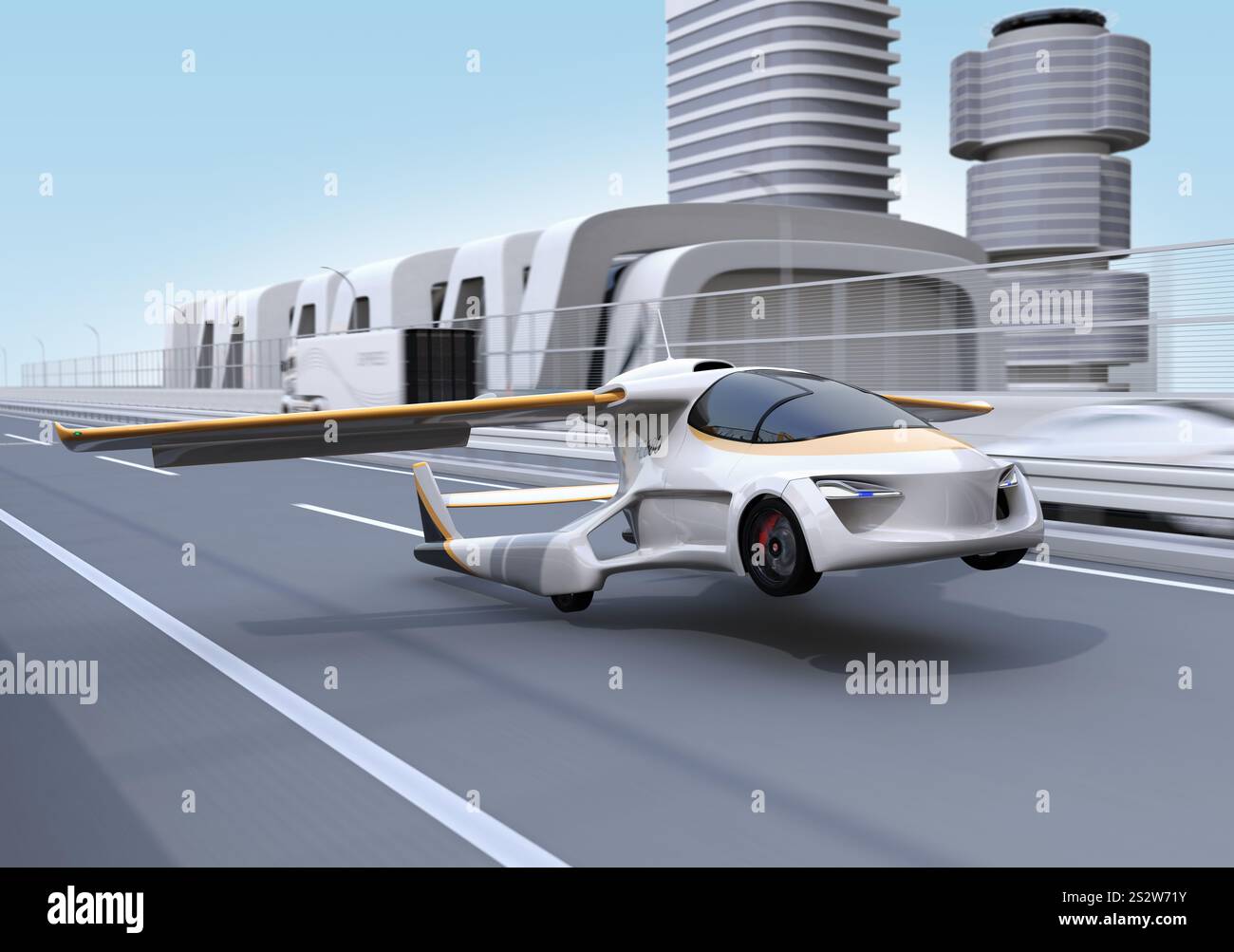 Conceptual image of a flying car taking off (landing) on a motorway ...