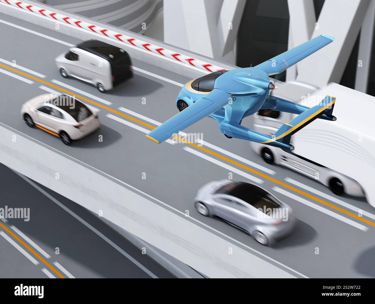 Concept image of a flying car passing over a convoy of cars on a ...
