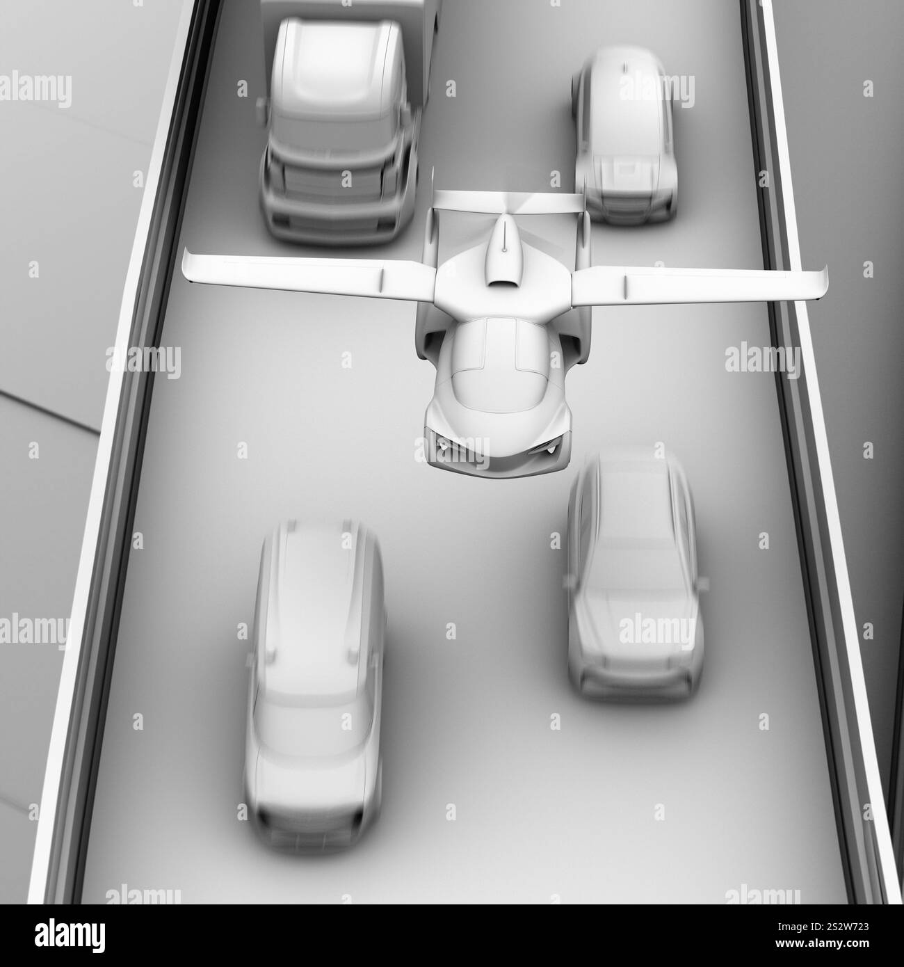 Clay rendered image of a flying car passing over a convoy of cars on a ...