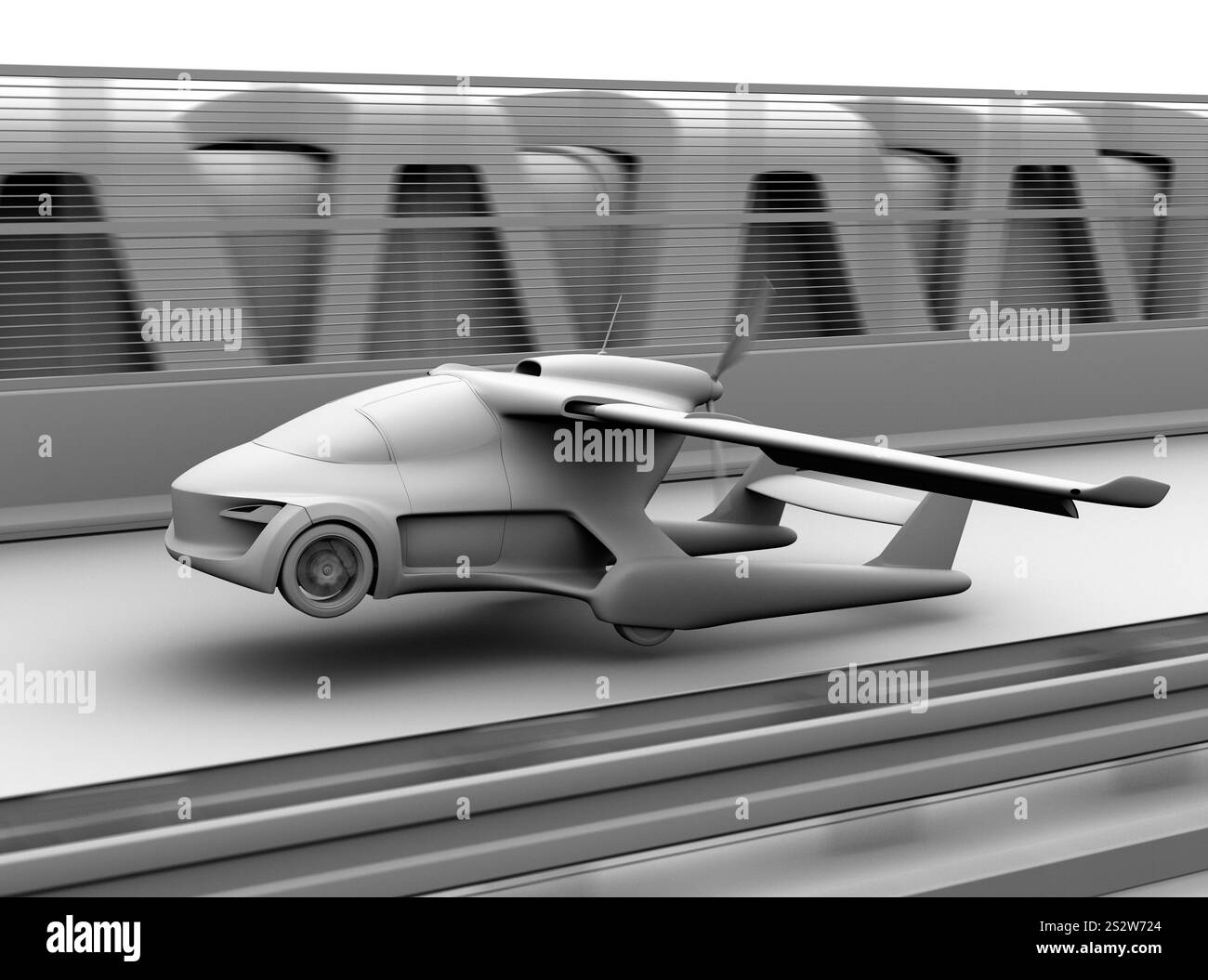 Clay rendered image of a flying car taking off (landing) on a motorway ...