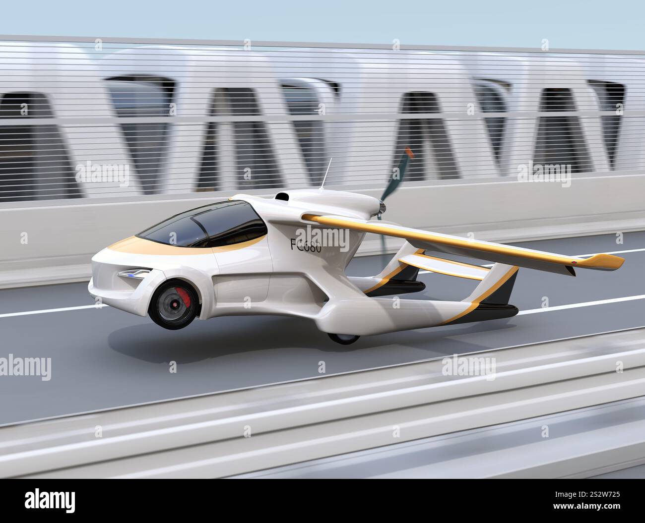 Conceptual image of a flying car taking off (landing) on a motorway ...