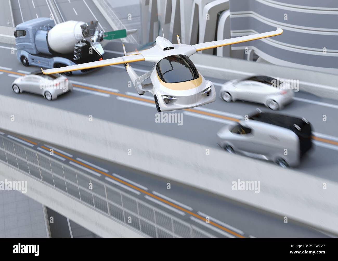 Concept image of a flying car passing over a convoy of cars on a ...