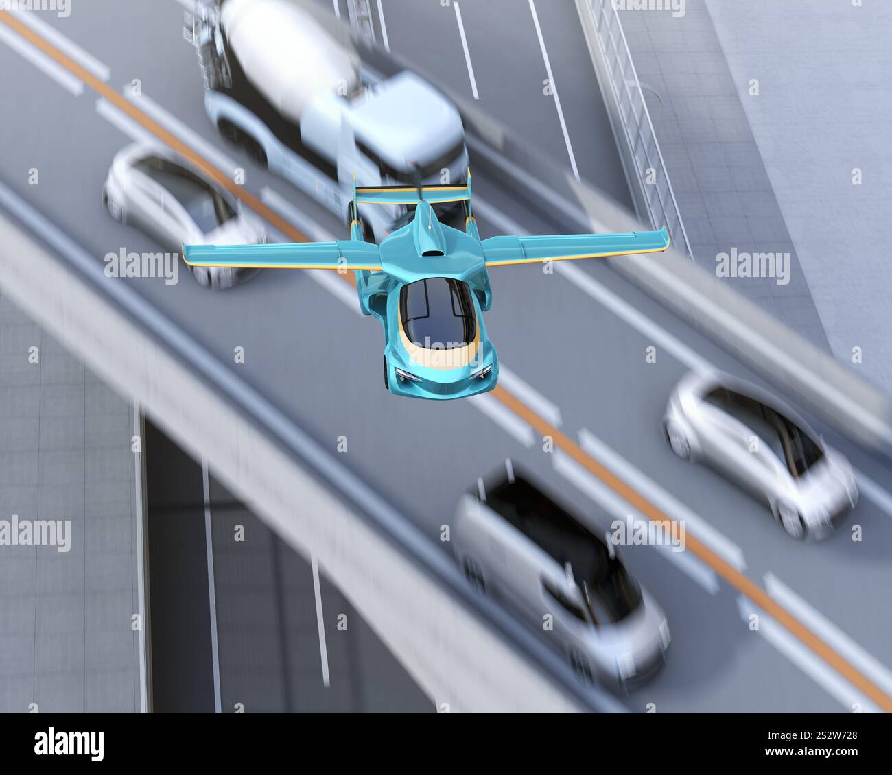 Concept image of a flying car passing over a convoy of cars on a ...