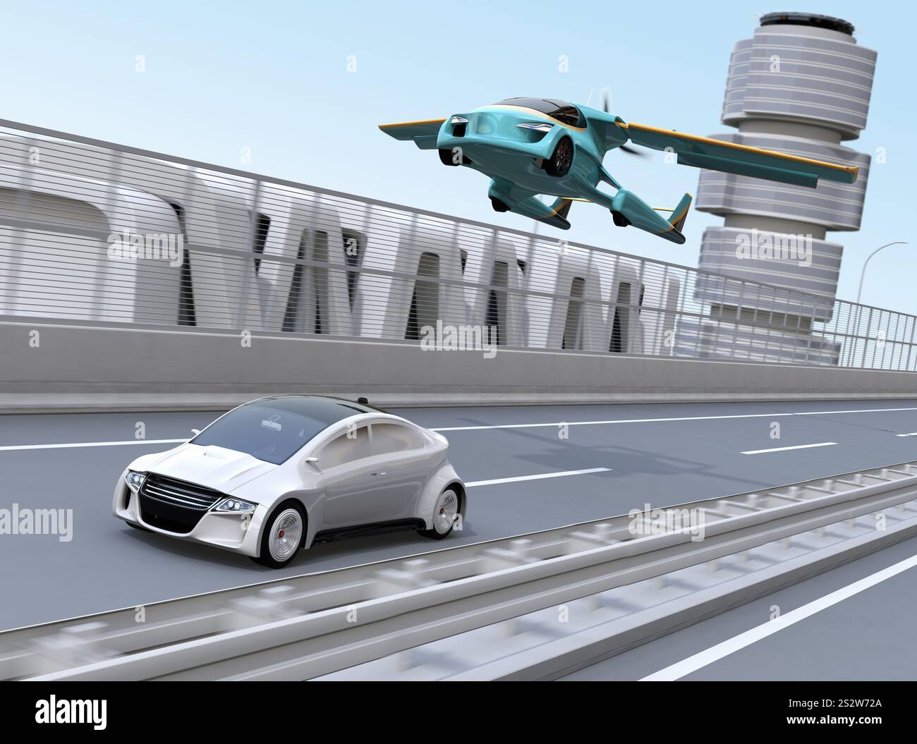 Concept image of a flying car passing over a car on the motorway Stock ...