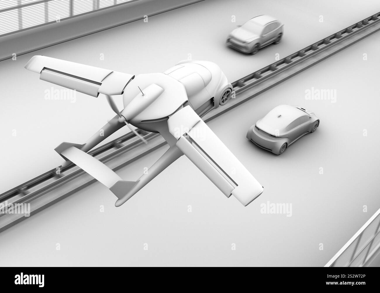 Clay rendered image of a flying car passing over a car on the motorway ...