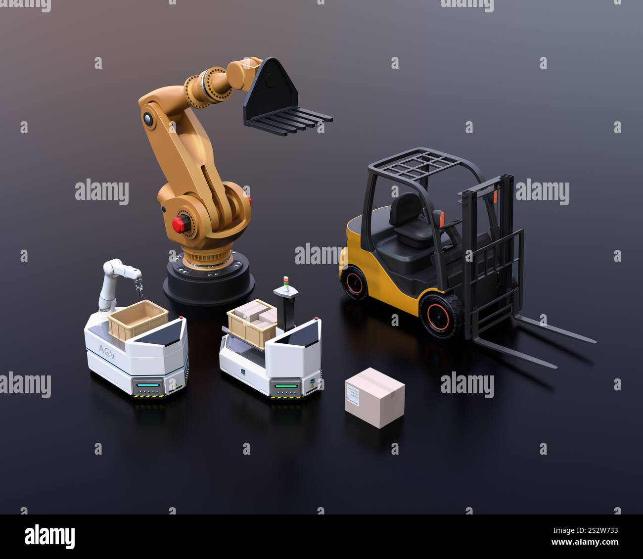 Mage of industrial robot, AGV and forklift truck on black background ...