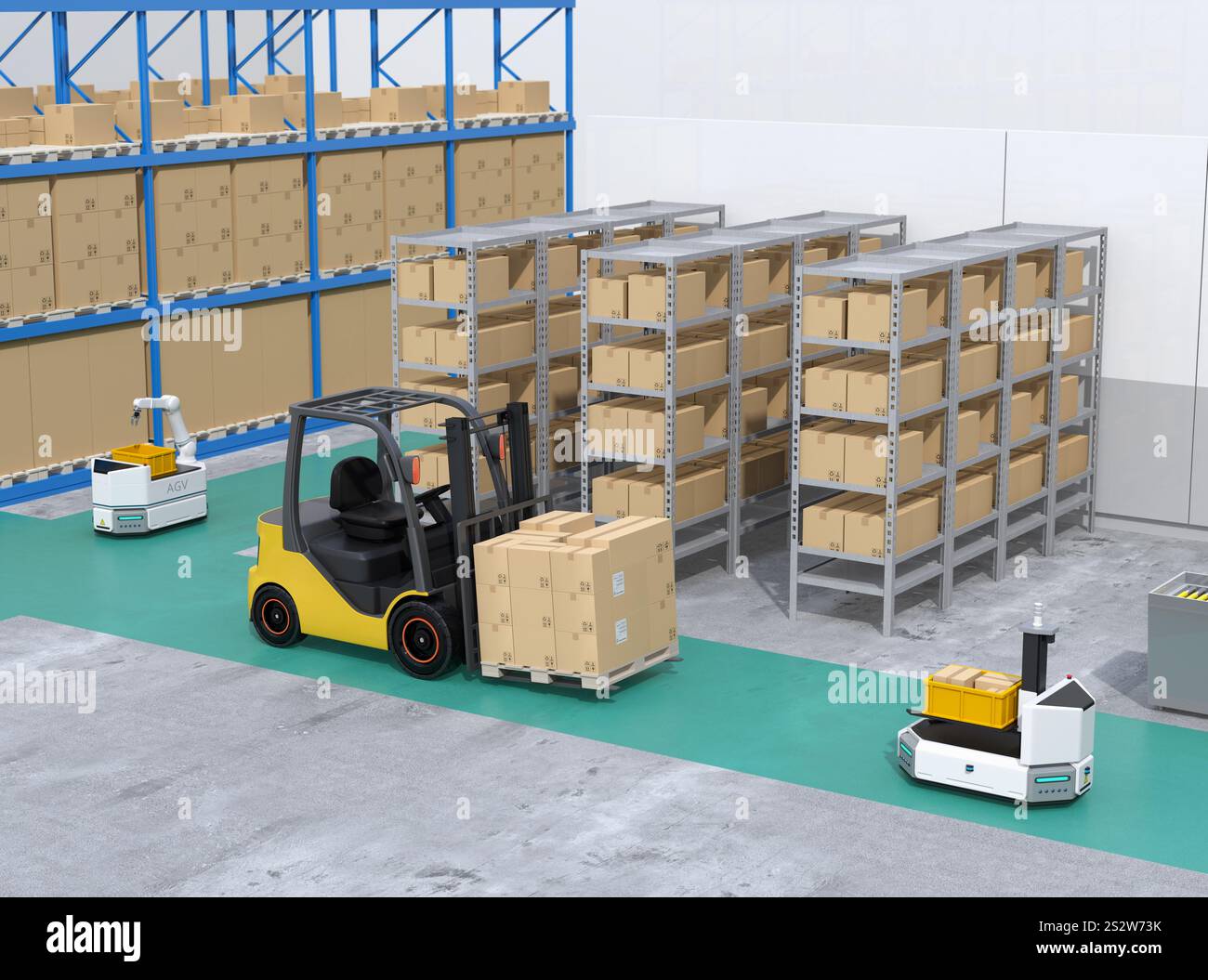 Image of electric forklift trucks and transport robots working in a ...