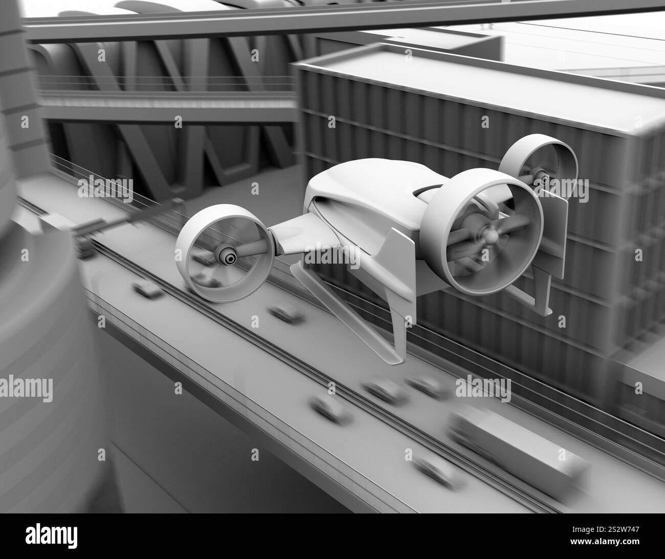 Grey shaded image of a VTOL delivery drone flying over a motorway Stock ...