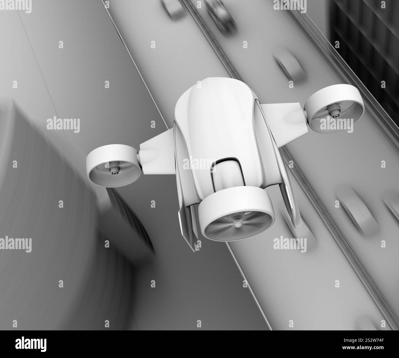 Grey shaded image of a VTOL delivery drone flying over a motorway Stock ...