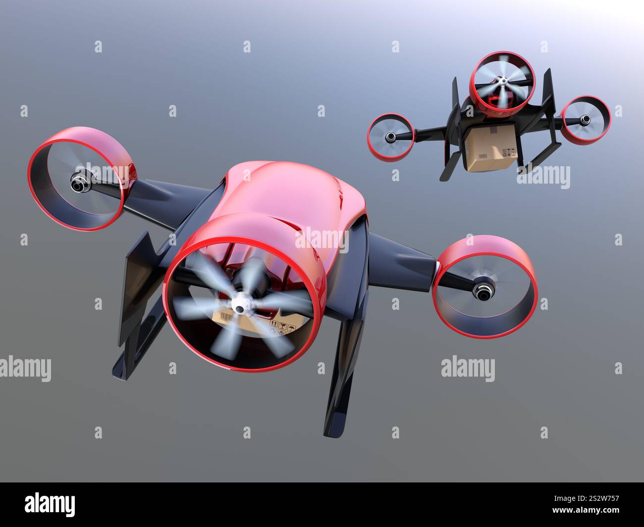 Rear view image of a metallic red coloured VTOL delivery drone. Concept ...