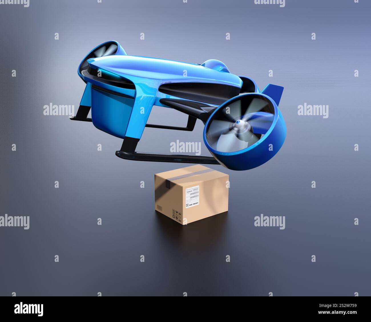 Image of a VTOL delivery drone that has just taken off after completing ...