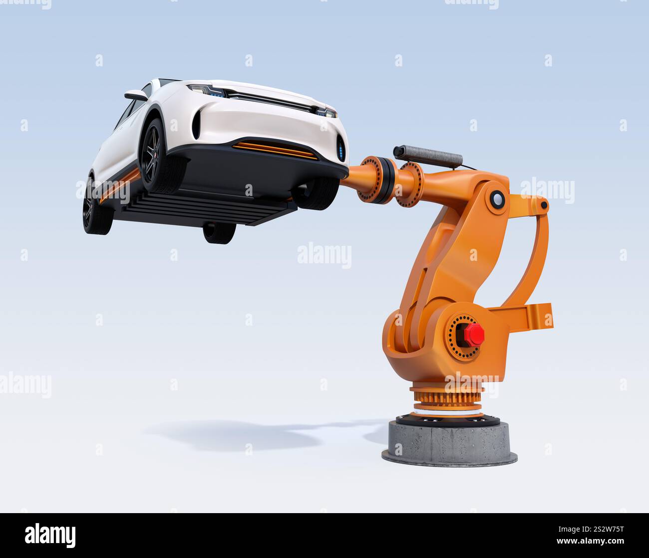 Image of a large industrial robot transporting a white SUV on a light ...