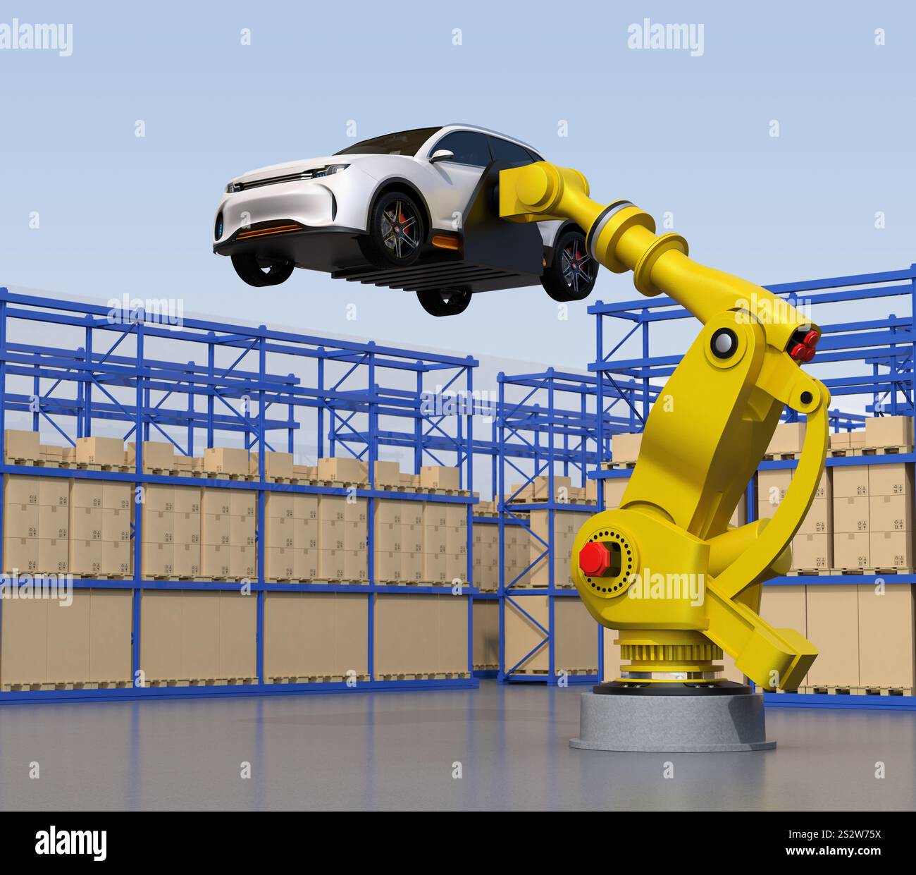 Image of a large industrial robot transporting a white SUV with a smart ...