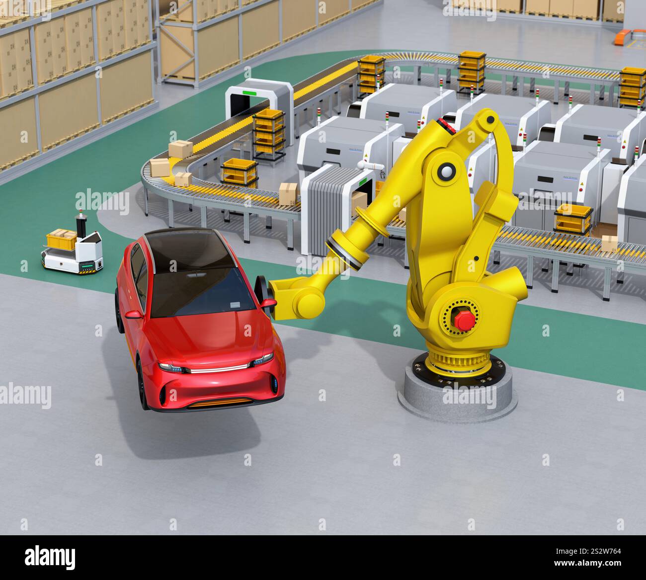 Image of a large industrial robot transporting a red SUV with a smart ...