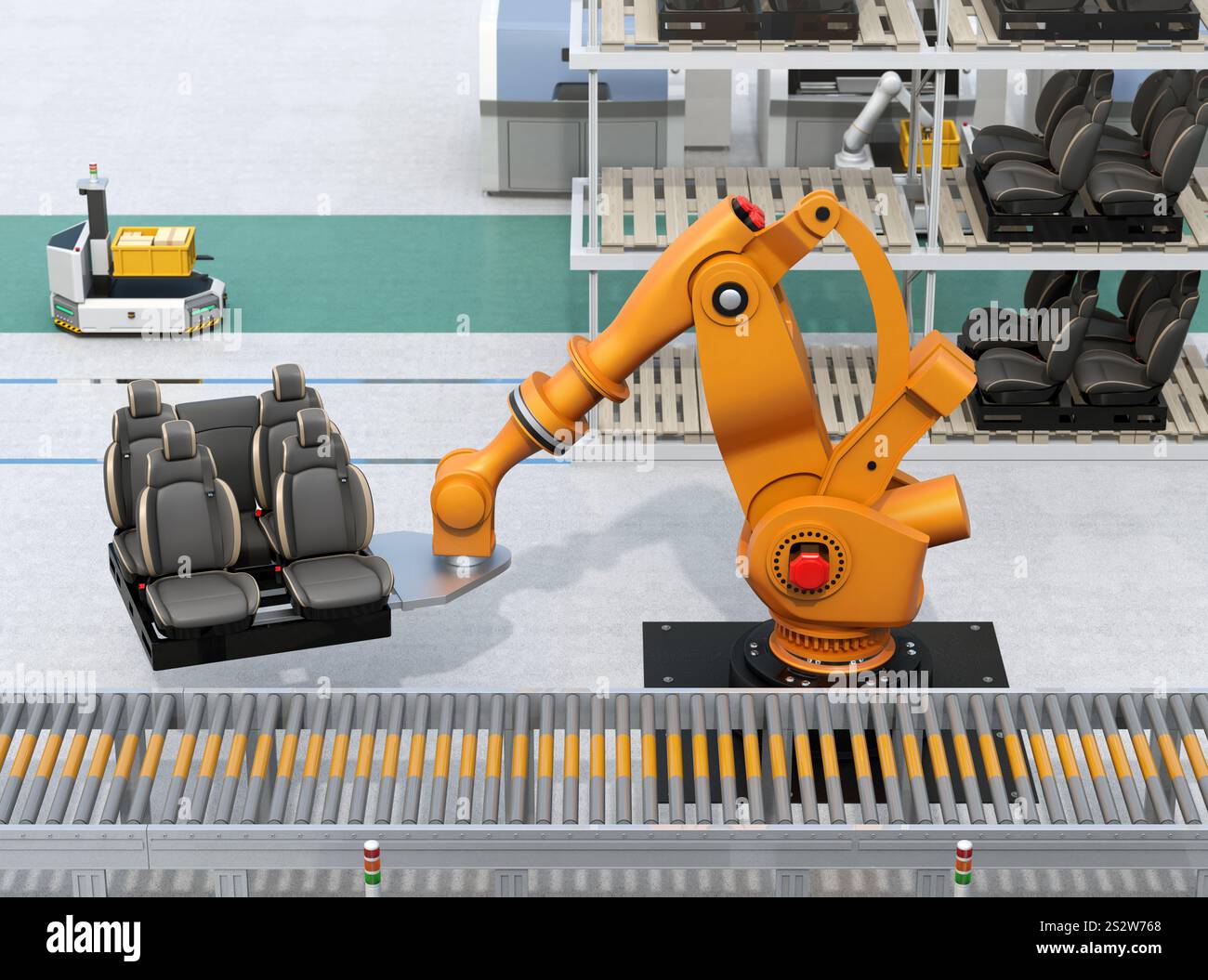 Large industrial robot carrying car seats from racks to conveyor. Smart ...