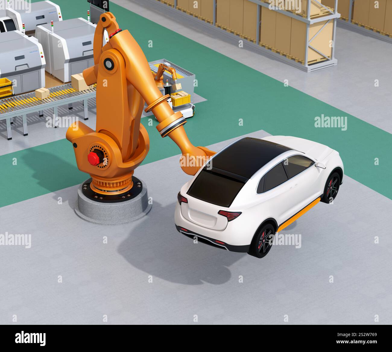 Image of a large industrial robot transporting a white SUV with a smart ...