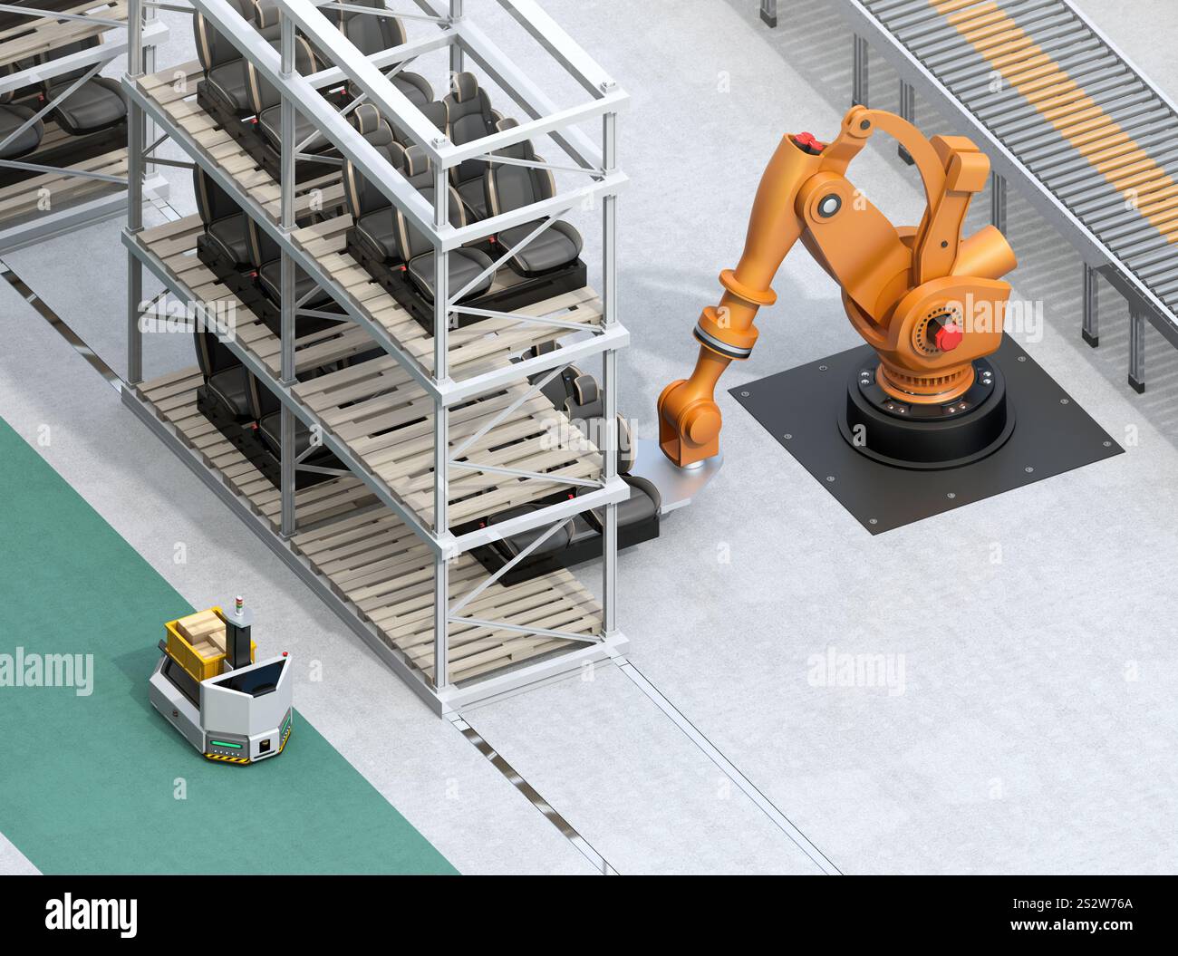 Large industrial robot carrying car seats from racks to conveyor. Smart ...