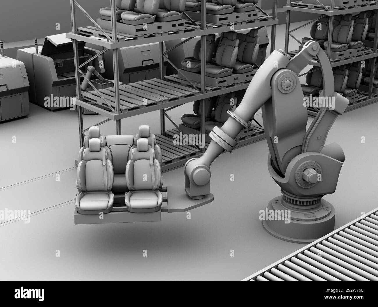 Clay-shaded image of a large industrial robot carrying car seats from a ...