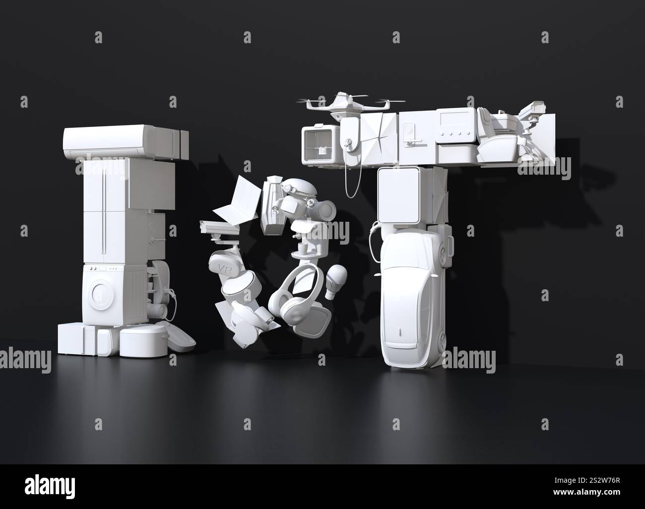 IoT letters represented by white smart appliances and EV on black ...