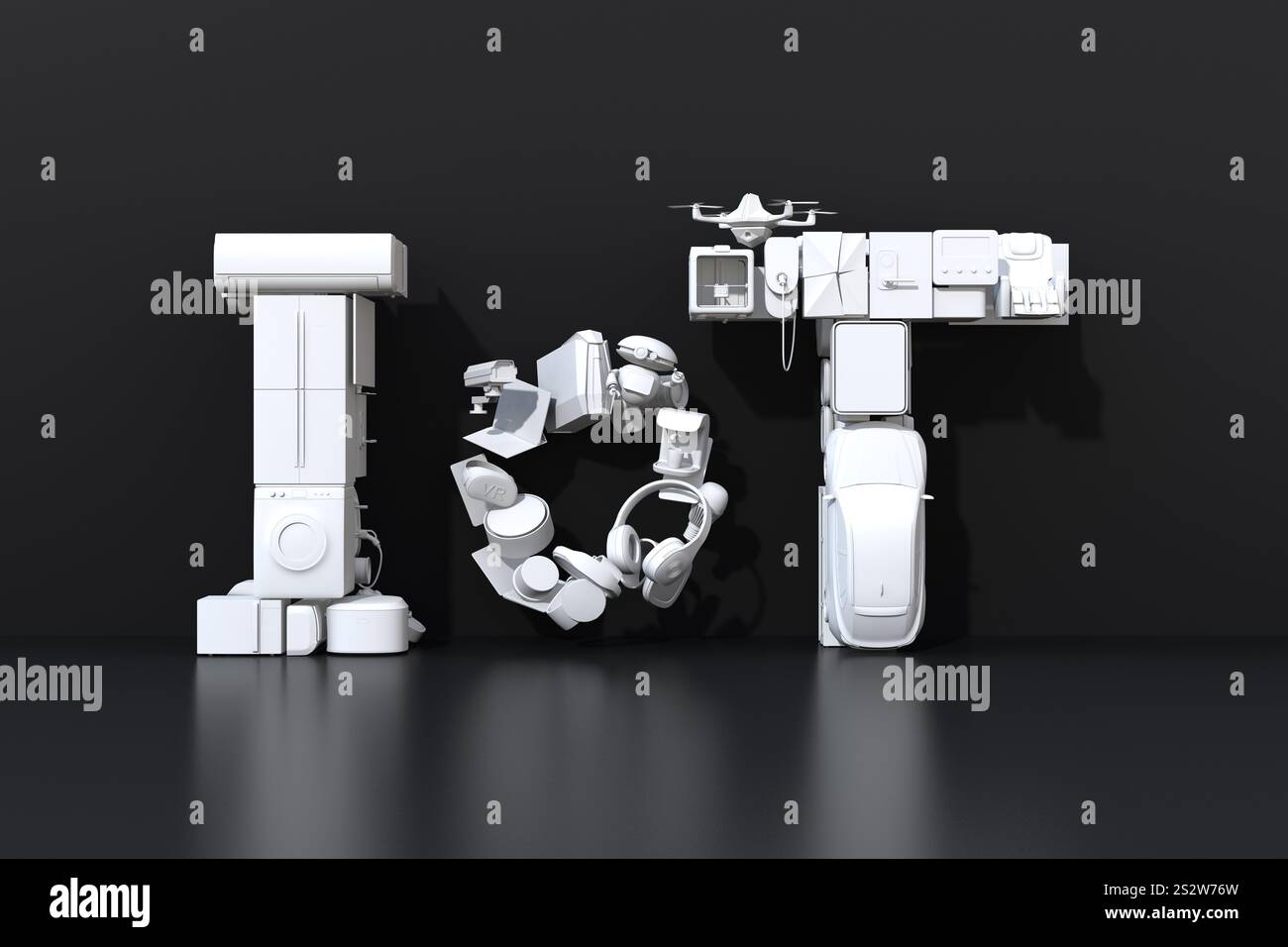 IoT letters represented by white smart appliances and EV on black ...