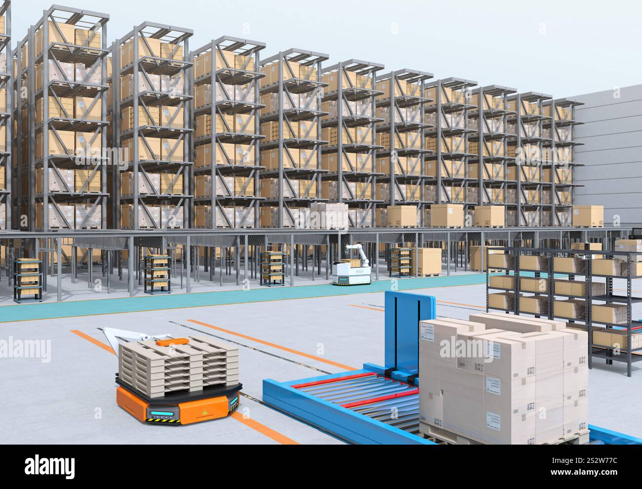 Clay rendering image of the interior of a large automated logistics ...