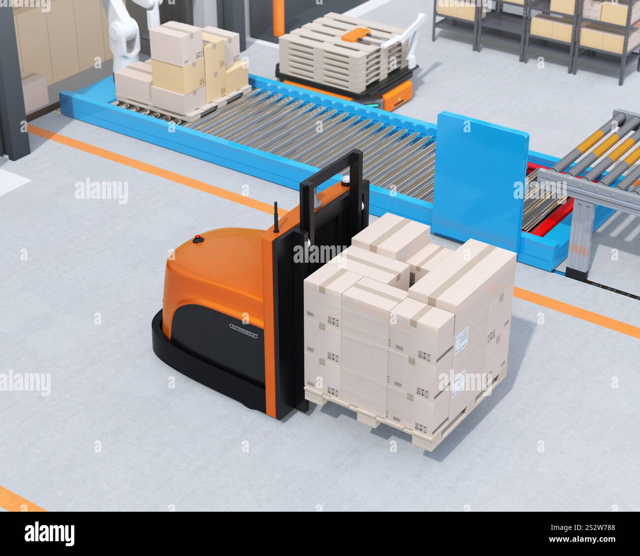 Image of battery-powered automated forklift truck transporting packing ...