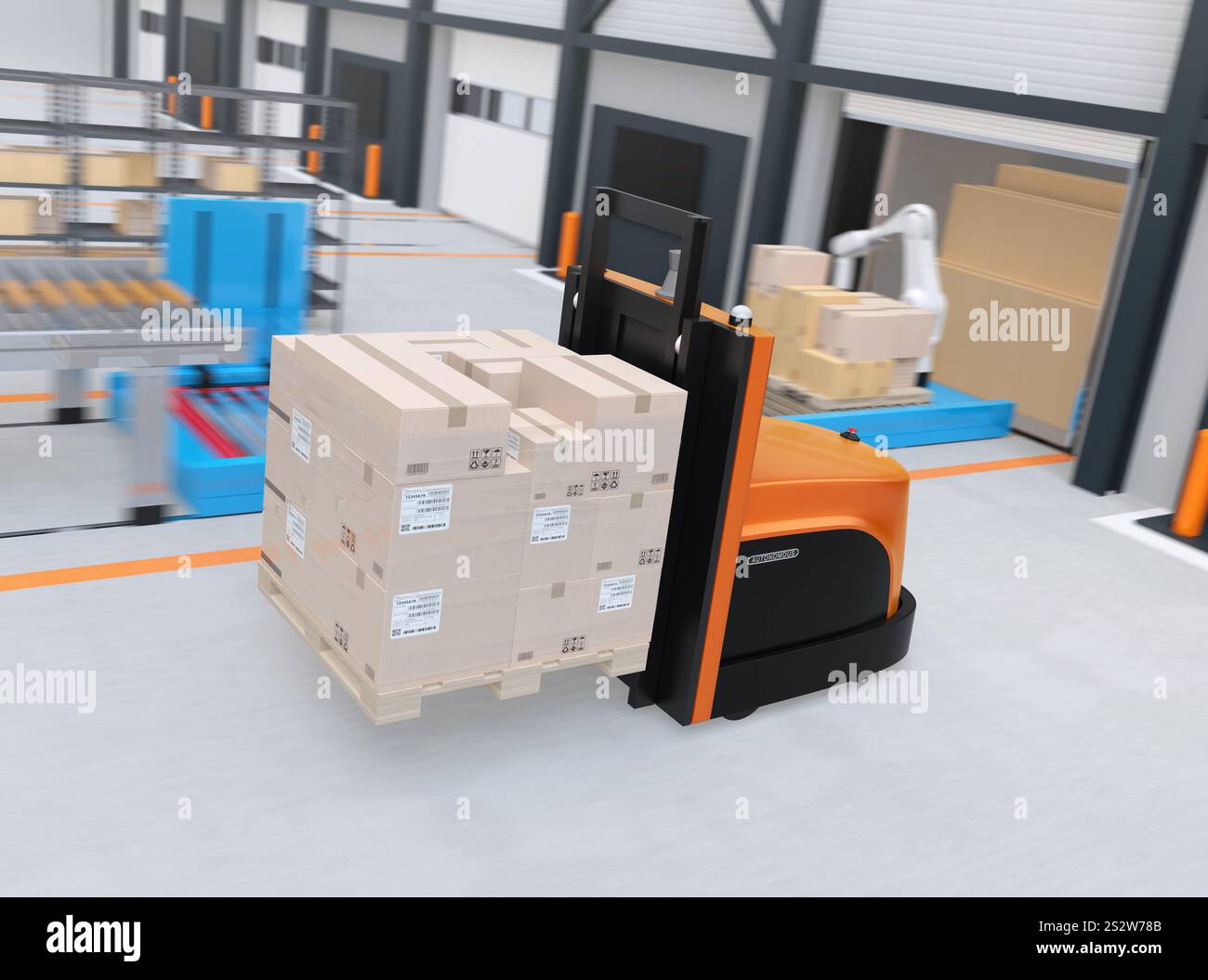 Image of battery-powered automated forklift truck transporting packing ...