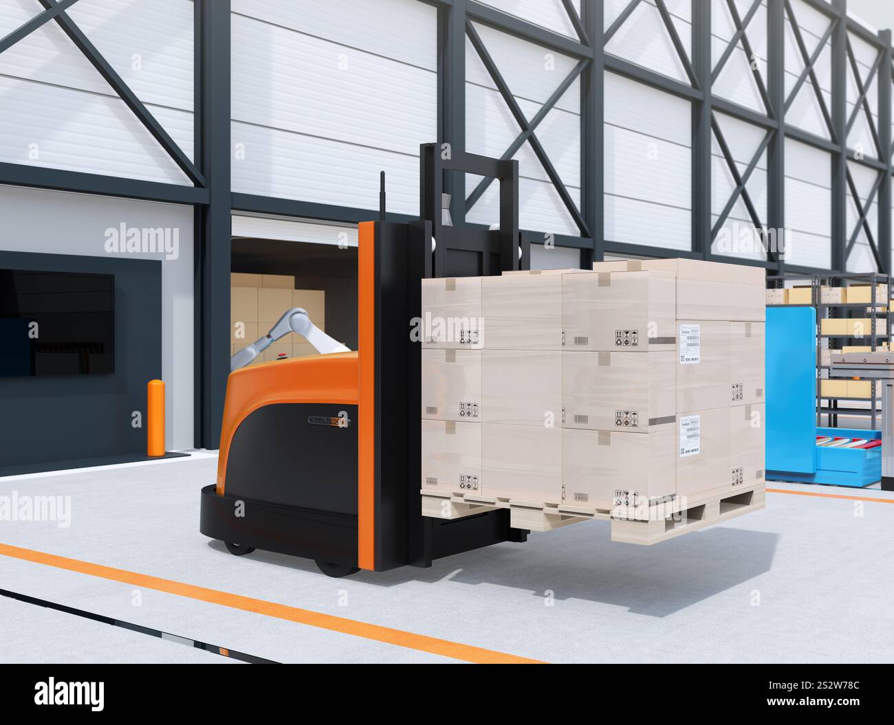 Image of battery-powered automated forklift truck transporting packing ...