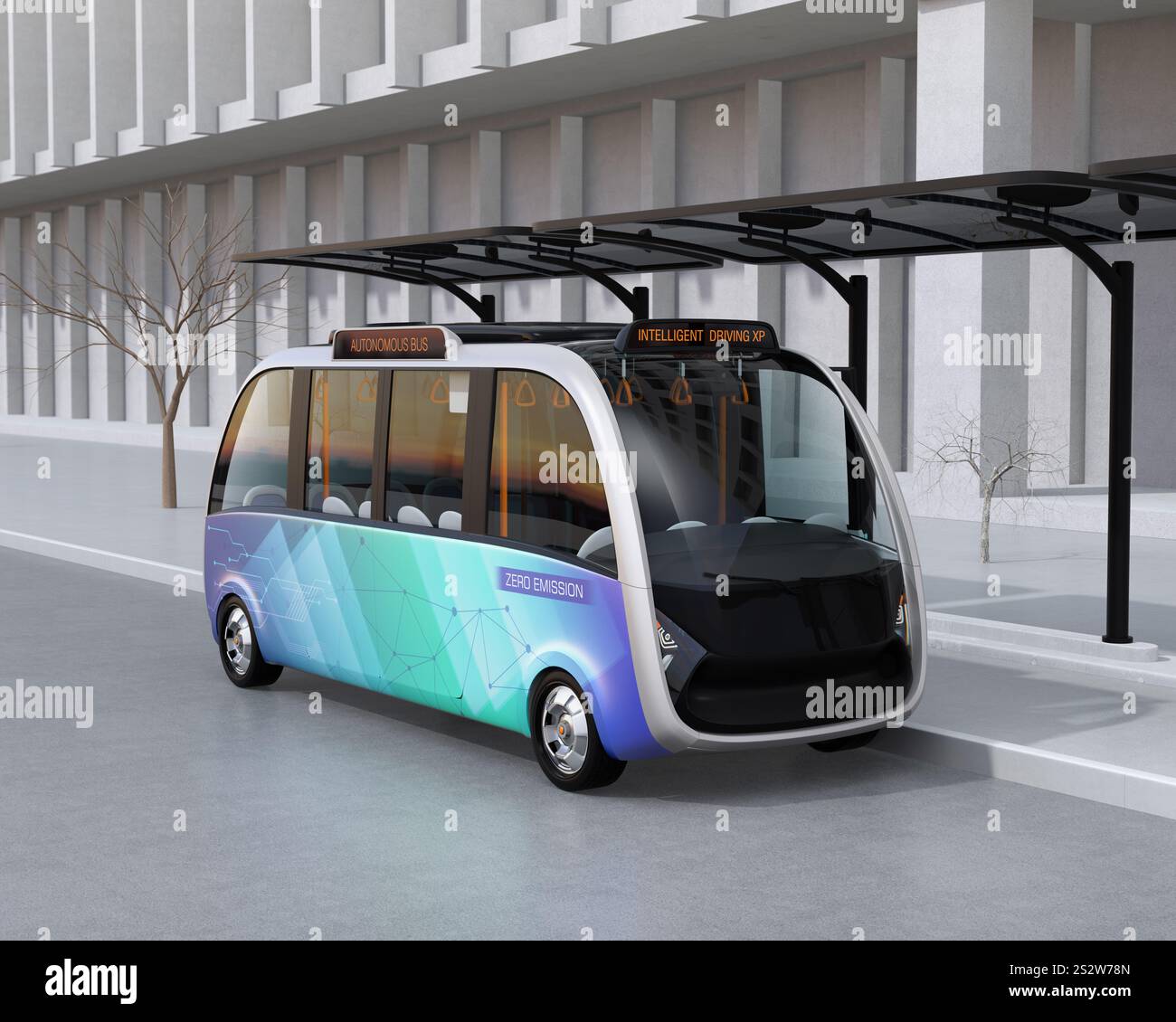 An automated shuttle bus stopping at a bus stop equipped with solar ...