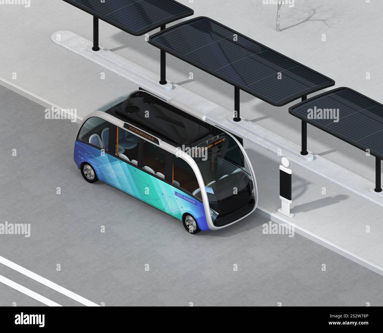 Isometric image of an automated shuttle bus stopping at a bus stop ...