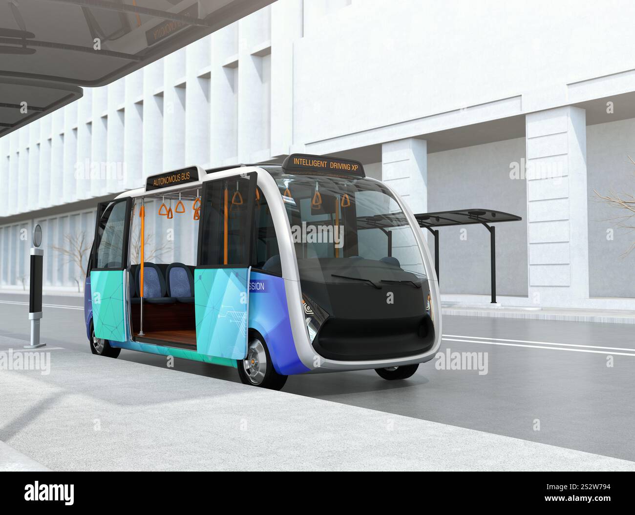 An automated shuttle bus stopping at a bus stop equipped with solar ...