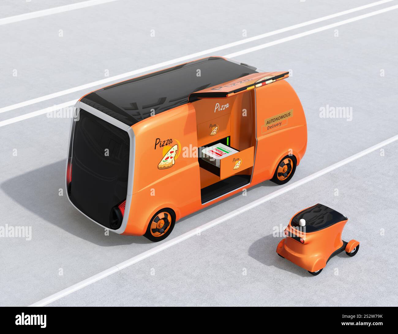 Concept image of unmanned pizza delivery robot car and delivery drone ...
