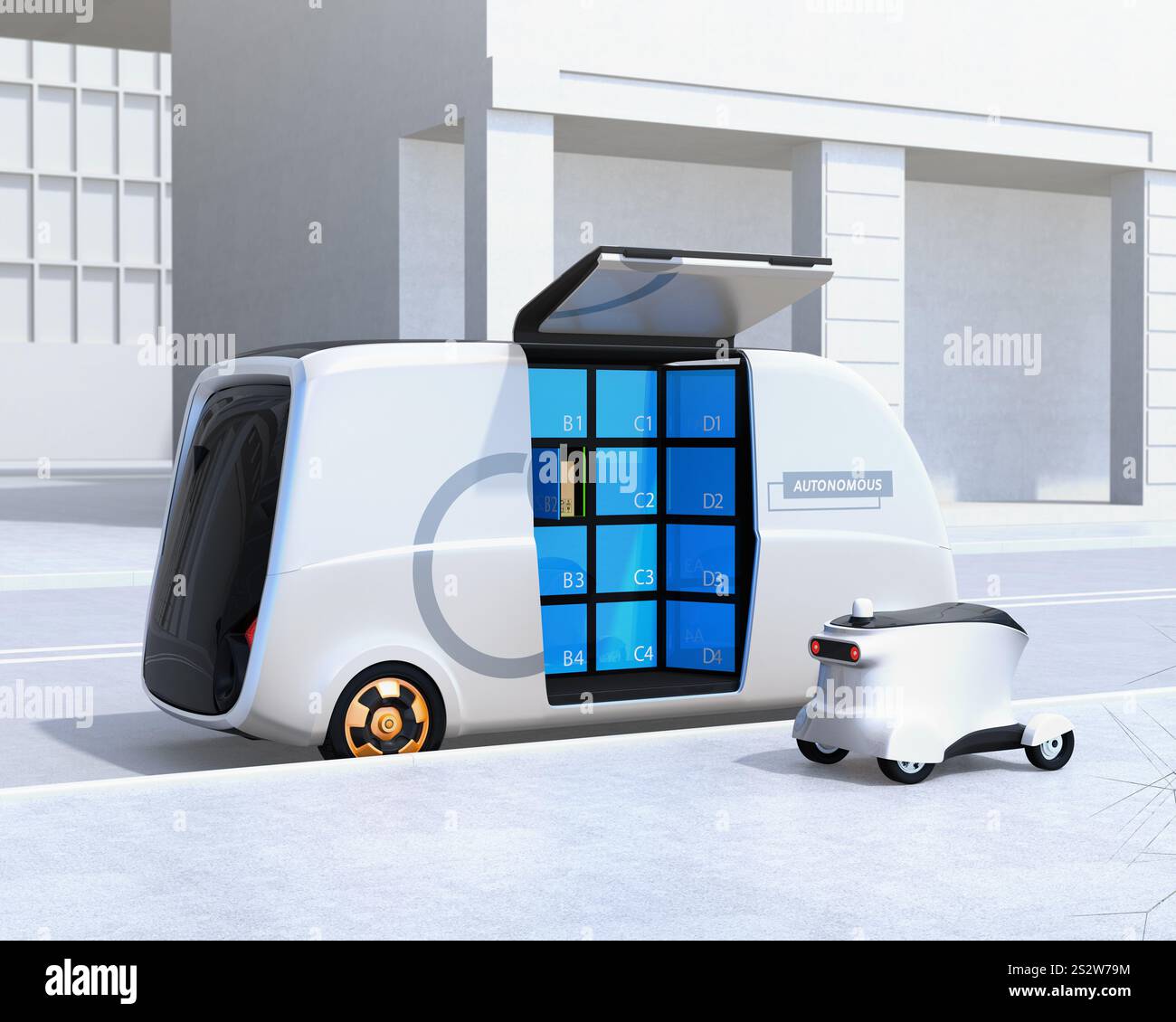 Image of a robotic delivery vehicle and delivery drone parked on a ...