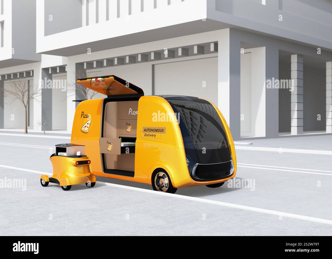 Concept image of unmanned pizza delivery robot car and delivery drone ...