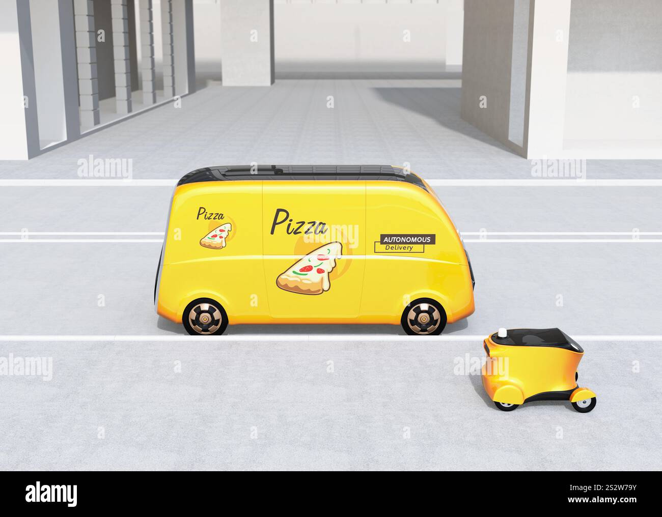 Concept image of unmanned pizza delivery robot car and delivery drone ...