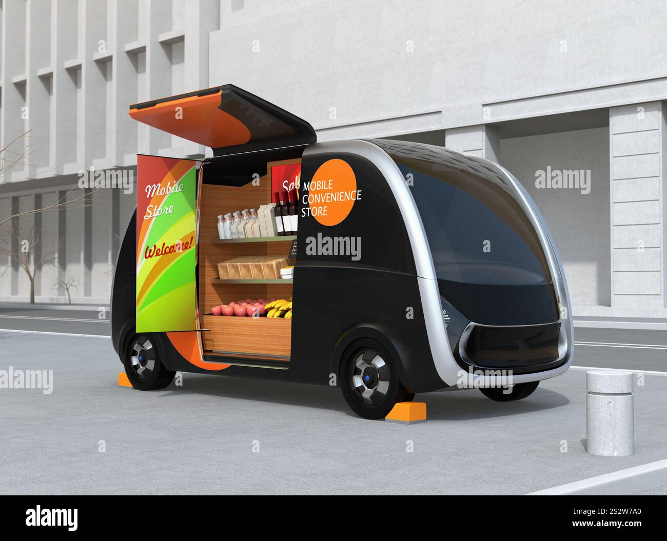 Image of an automated driverless vending vehicle. Product shelves are ...