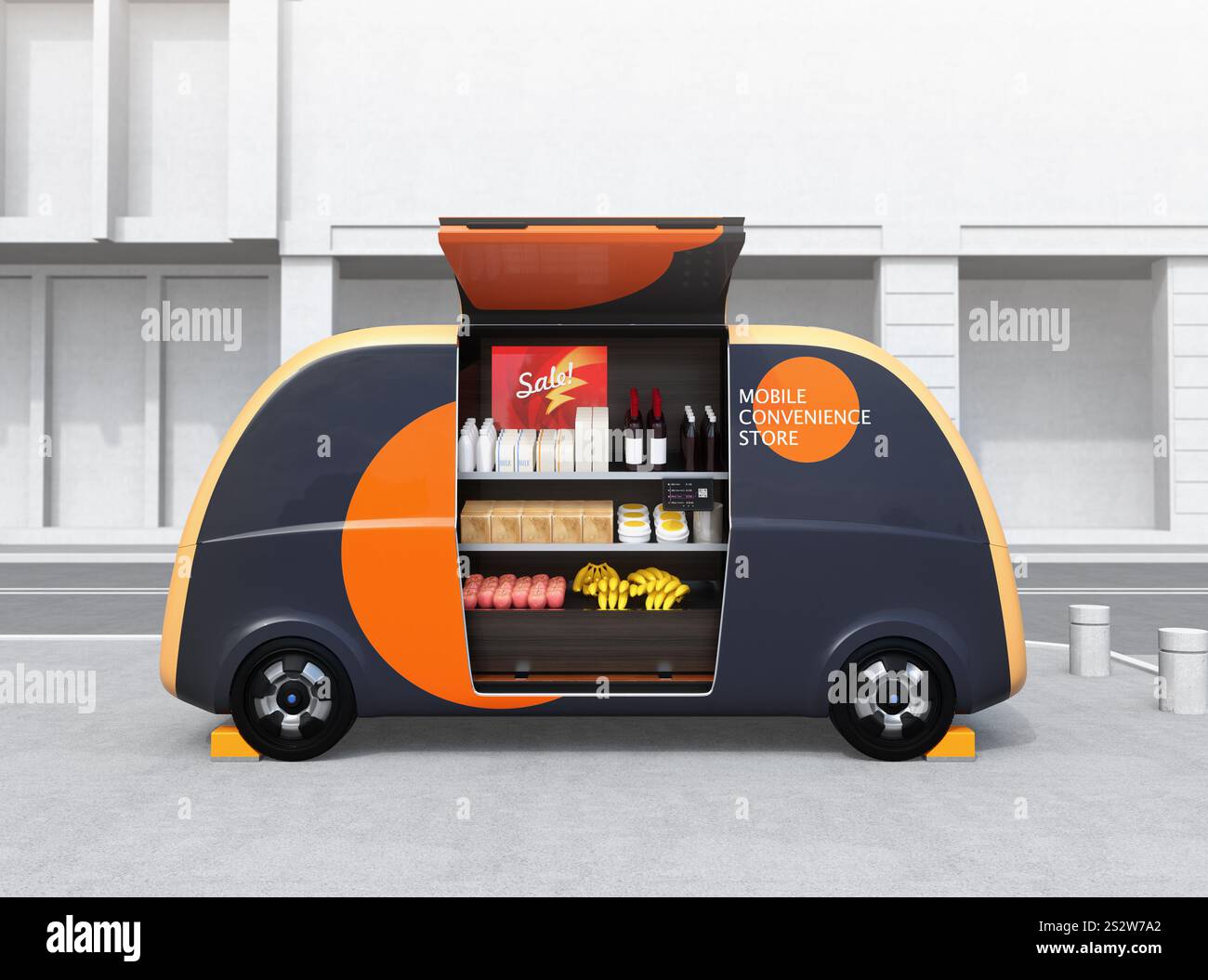 Image of an automated driverless vending vehicle. Product shelves are ...